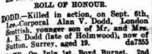 Alan Victor Dodd. Holmwood Soldier. WW1