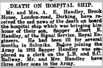 Albert Ernest Handley. Dorking Soldier. WW1