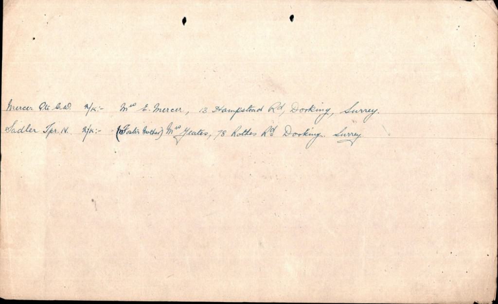 Charles William Mercer. Dorking Soldier. WW1