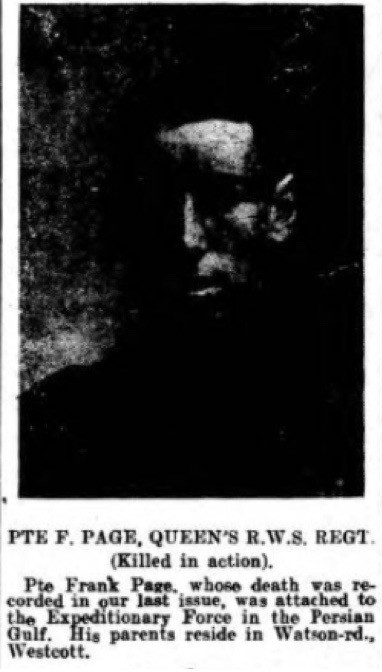 Frank Page Death Notice 17th June 1916 © Dorking Advertiser findmypast ...