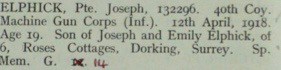 Joseph Elphick Croix-Du-Bac British Cemetery Roll of Honour © CWGC.org ...