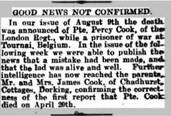 Percy James Cook. Westcott Soldier. WW1