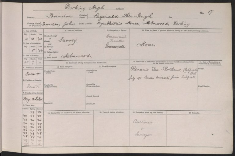Reginald Theo Gough Farindon. Dorking Soldier. WW1