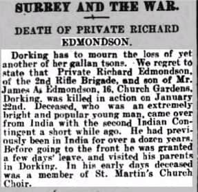 Richard Edmondson Death Notice Dorking Advertiser © findmypast.co.uk ...