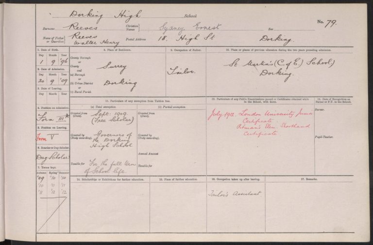Sydney Ernest Reeves. Dorking Soldier. WW1