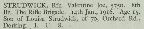 Private Valentine Joe Strudwick. 15 year old Dorking Soldier