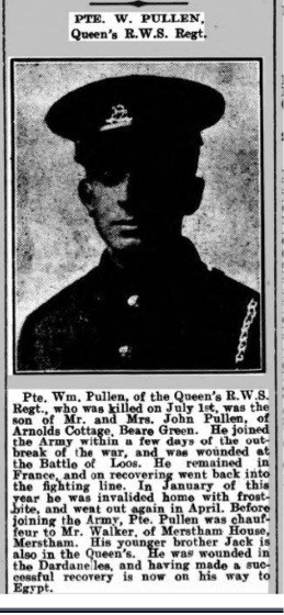 Private William John Pullen. Capel War Memorial. WW1
